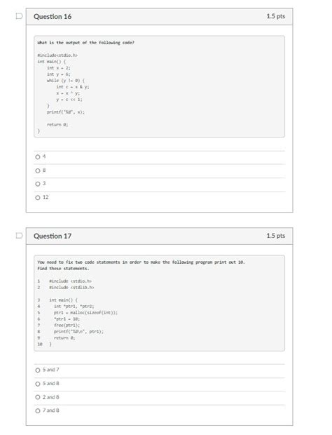 solved u question 16 1 5 pts what is the output of the