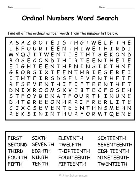 Ordinal Numbers Word Search Puzzle Alien Schooler