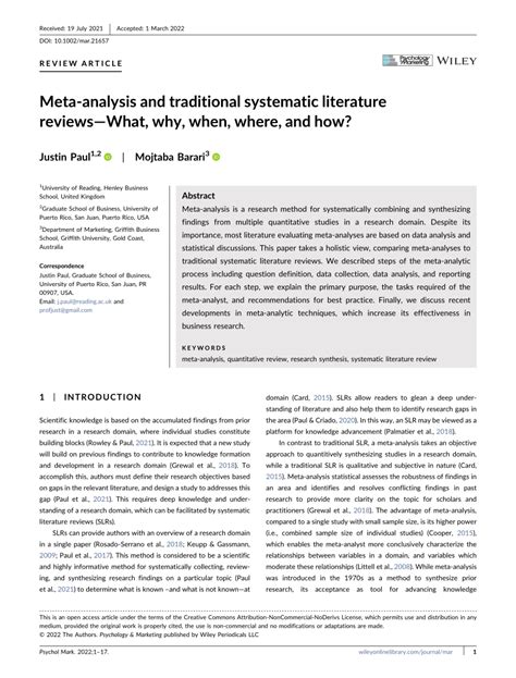 Pdf Meta‐analysis And Traditional Systematic Literature Reviews—what Why When Where And How