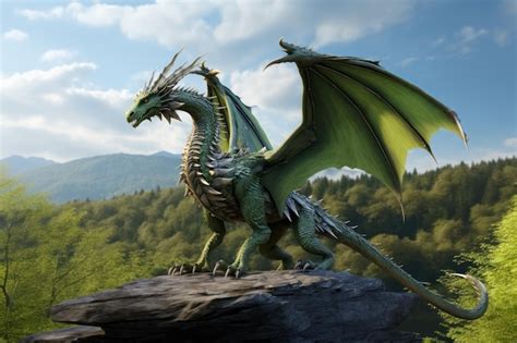 Dragón verde con alas sobre fondo de cielo azul roca símbolo del año