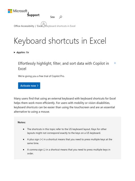 Keyboard Shortcuts In Excel Microsoft Support Pdf Microsoft Excel Computer Keyboard