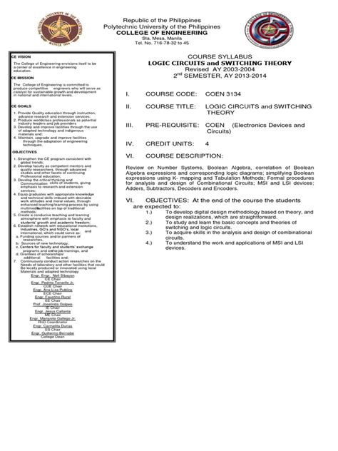 Coen 3134 Logic Circuits And Switching Theory Syllabus