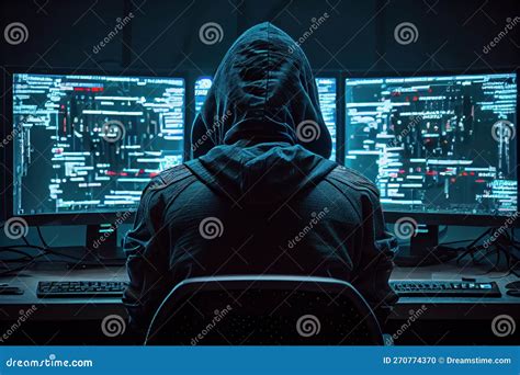 Hacker Working On Computer Back View Of Unrecognizable Man Sitting In