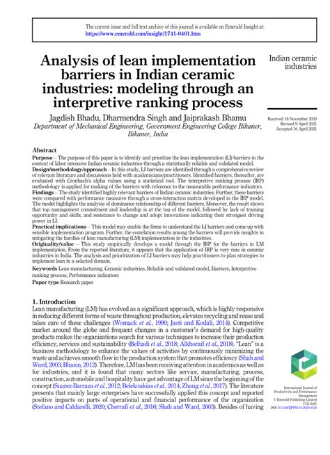 Pdf Analysis Of Lean Implementation Barriers In Indian Ceramic Industries Modeling Through An