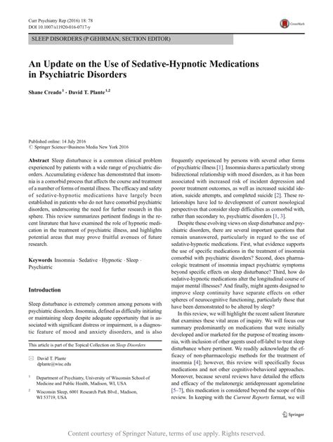 An Update On The Use Of Sedative Hypnotic Medications In Psychiatric