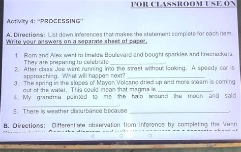 FOR CLASSROOM USE ON Activity 4 PROCESSING A StudyX