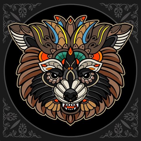 검은 배경에 고립 된 너구리 Zentangle 예술 프리미엄 벡터
