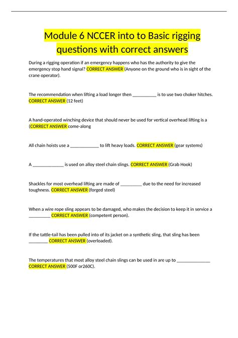 Module 6 Nccer Into To Basic Rigging Questions With Correct Answers Nccer Stuvia Us