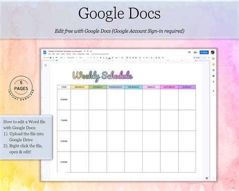EDITABLE Weekly Schedule Template WORD Google Docs Apple Pages Printable With Room To Write