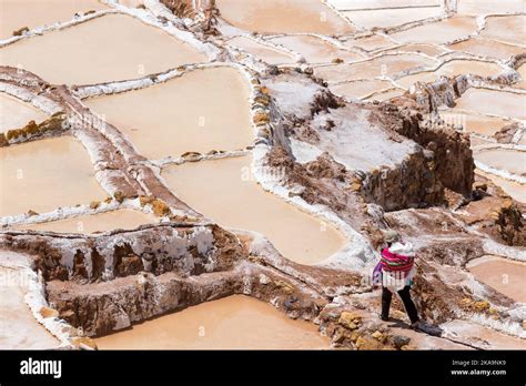 Man Extracting Salt At Maras Peru Man Wearing Colorful Clothes
