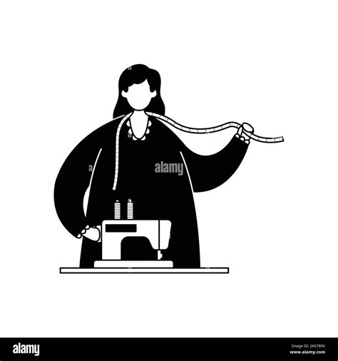 Vector Illustration Of A Seamstress With A Sewing Machine And Measuring