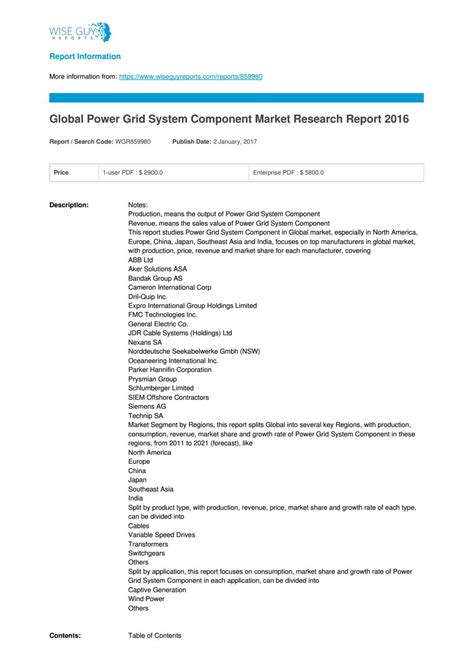 Power Grid System Component Global Market Research Report 2016 By Elmer Power Grid System Component Global Market Research Report 2016 By Elmer