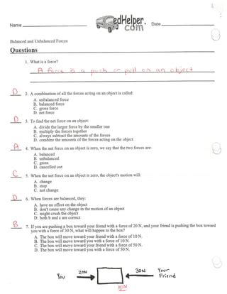 Balanced And Unbalanced Force Packet Answer Key Pdf Worksheets Library