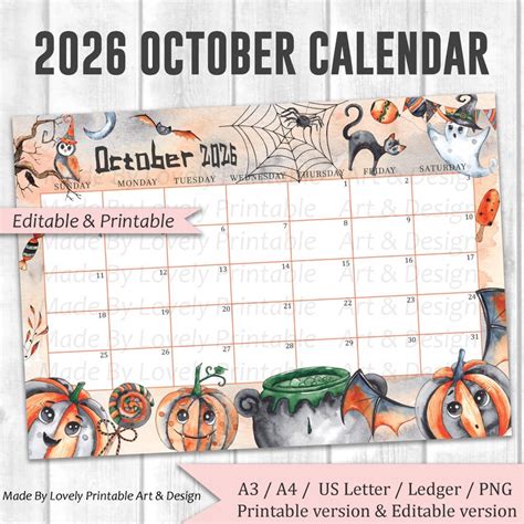 Editable October 2026 Calendar Happy Spooky Halloween Planner