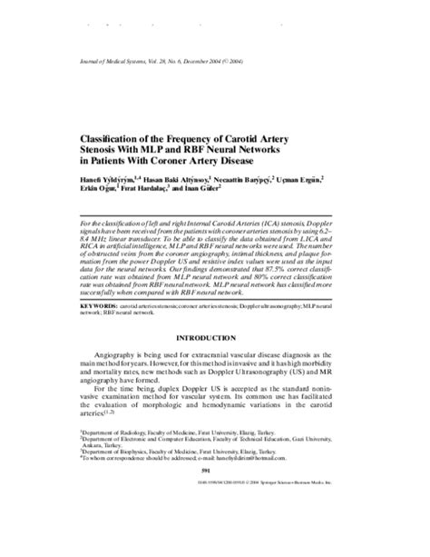Pdf Classification Of The Frequency Of Carotid Artery Stenosis With Mlp And Rbf Neural