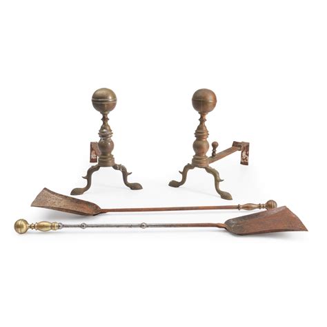 Bonhams Skinner Pair Of Brass Ball Top Andirons And Two Shovels