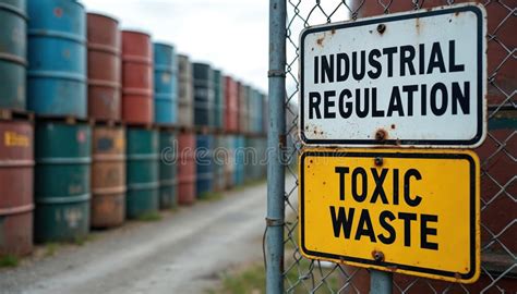 Industrial Regulation Toxic Waste Warning Signs Near Barrels Of