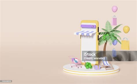 노란색 휴대 전화 또는 스마트 폰 상점 정면 해변 의자 풍선 플라밍고 야자 잎 쇼핑 종이 봉지 온라인 쇼핑 여름 판매 개념 3d 그림 또는 3d 렌더링이있는 무대 연단 3