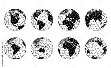 Earth Globe Icons Earth Hemispheres With Continents Vector World Map
