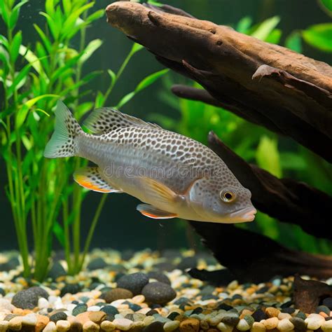 Spotted Gray Fish With Orange Tail Swims Near Plants In Aquarium Tank
