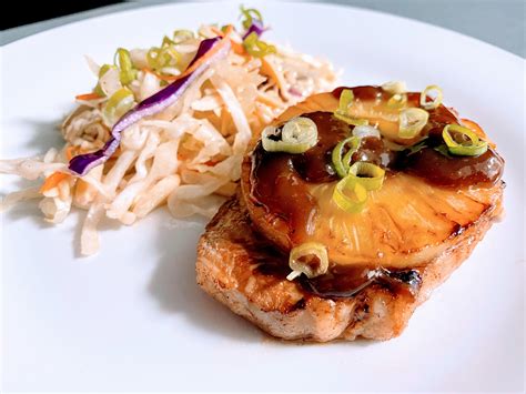 Homemade Pan Seared Hawaiian Pork Chop With Crunchy Ramen Coleslaw