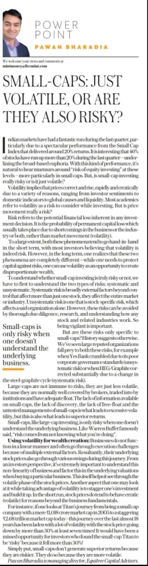 pawan bharadia on linkedin contributed an article in today s live mint on small cap investing