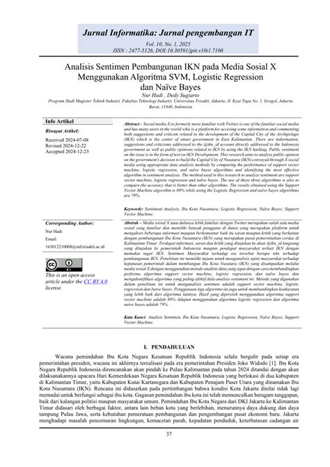 Pdf Analisis Sentimen Pembangunan Ikn Pada Media Sosial X Menggunakan