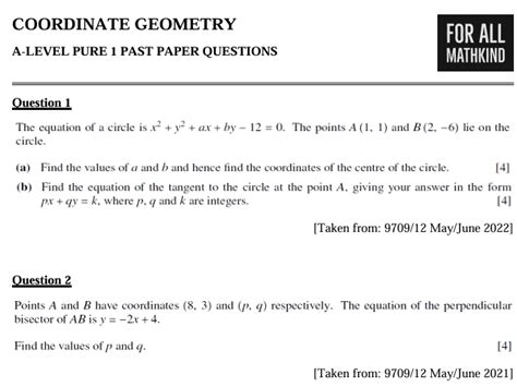 A Level 9709 Maths Past Paper Topic Questions Coordinate Geometry