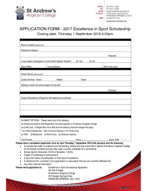 Fillable Online APPLICATION FORM 2017 Excellence In Sport Scholarship