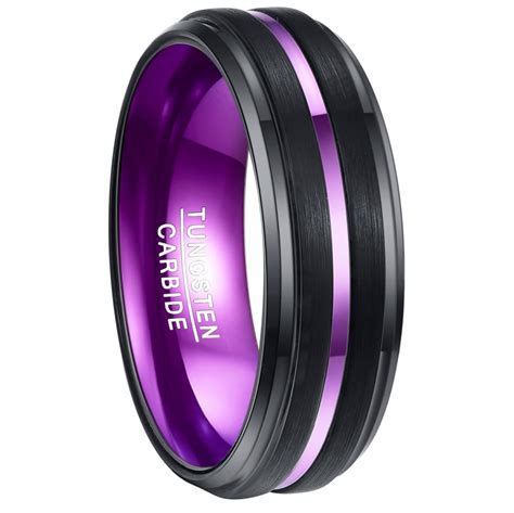 8mm Black Tungsten Rings For Men Women Purple Groove Stepped Beveled