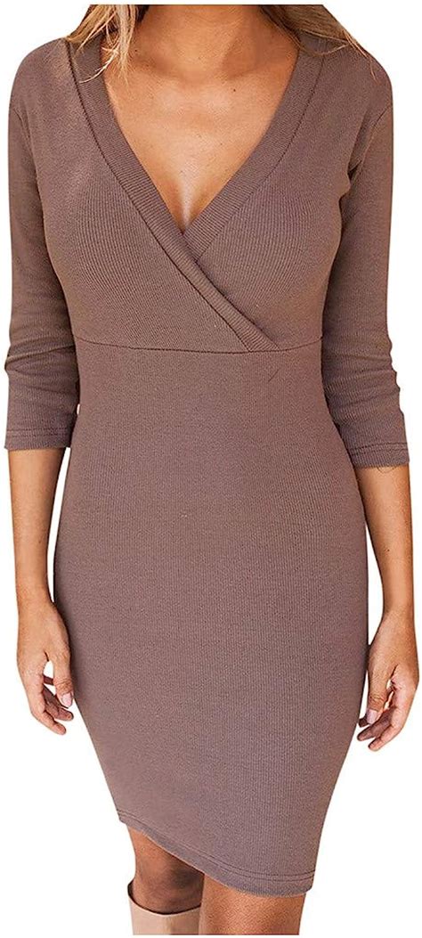 Businesskleid Damen Sexy Tief V Ausschnitt Kleid Bodycon Wickelkleid