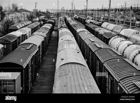 Freight Railway Cars At Railway Station Freight Cars Top View Concept Of Industry And Industrial