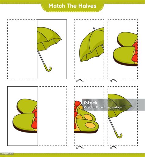 반쪽을 일치시킵니다 슬리퍼와 우산의 절반을 일치시킵니다 교육 어린이 게임 인쇄 워크시트 벡터 일러스트 레이 션 0명에 대한 스톡 벡터 아트 및 기타 이미지 Istock