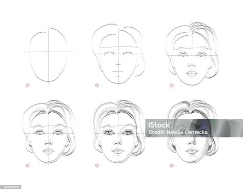 페이지는 여자 얼굴의 스케치를 그리는 법을 배우는 방법을 보여줍니다 단계별 연필 그리기 만들기 아티스트를 위한 교육 페이지입니다