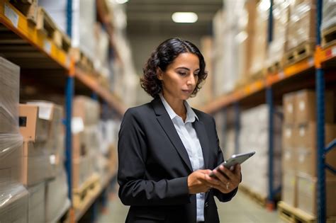premium ai image female logistics supply chain manager intently inspecting using a tablet