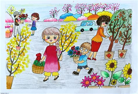 Hướng Dẫn Tranh Vẽ Chợ Tết đơn Giản Cho Ngày Tết Thêm Sinh động