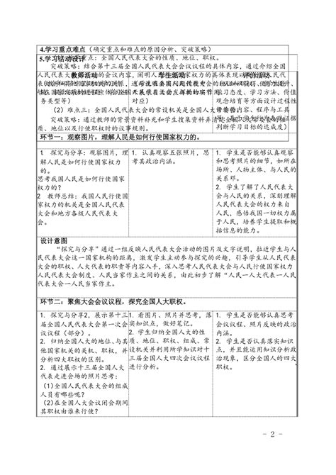 51人民代表大会：我国的国家权力机关教学设计 2021 2022学年统编版高中政治必修3（表格式） 21世纪教育网