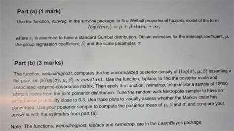 Part A 1 Mark Use The Function Survreg In The