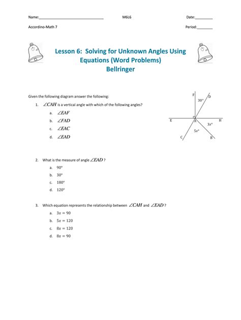 Lesson 6 Solving For Unknown Angles Using Equations Answer Key Fill