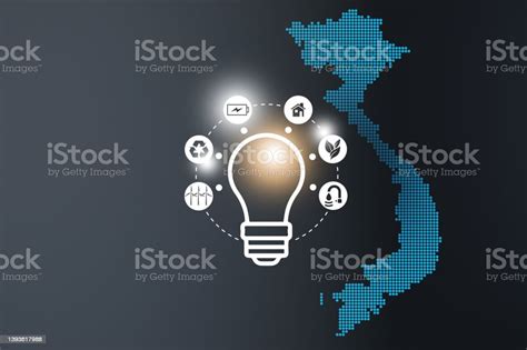 에너지 절약 개념 발전 아이콘 그래픽 인터페이스의 미래 산업을 가진 에너지 혁신 파란색 배경에 베트남의 대화식지도 0명에 대한