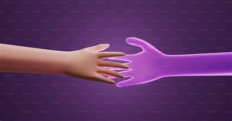홀로그램 손과 손을 잡고 메타버스 세계 미래 기술 디지털 세계에서 가상 시뮬레이션 짙은 보라색 배경 네온 불빛 3d 렌더링 그림입니다 사진 Unsplash의