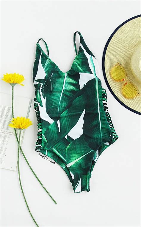 Green Leaf Print Ladder Cutout One Piece Swimwear One Piece Swimwear