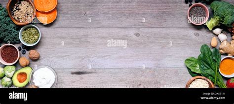 Healthy Food Ingredients Top View Double Side Border On A Wood Banner