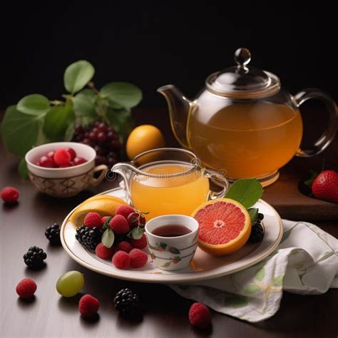 Tangy And Slightly Sweet Omija Cha Tea In A Teapot With Fresh Fruits On