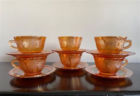Set Of Six Vintage Federal Glass Normandie Lattice And Bouquet