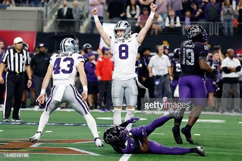 Kicker Ty Zentner Of The Kansas State Wildcats Celebrates With Holder