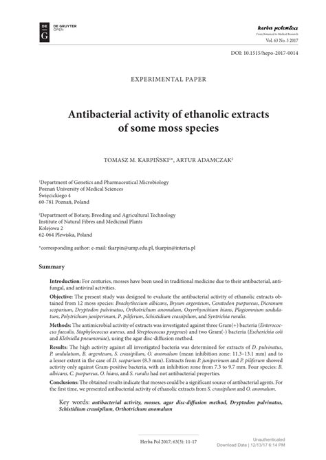 Pdf Antibacterial Activity Of Ethanolic Extracts Of Some Moss Species