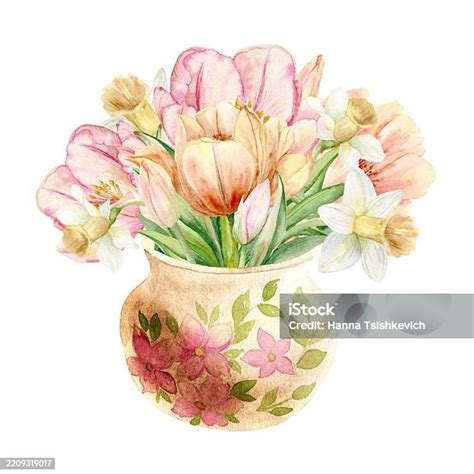 봄꽃 튤립 수선화 꽃병에 담긴 꽃다발 손으로 그린 파스텔 색상의 수채화 일러스트레이션은 포장 직물 및 식물 디자인을 위한 것입니다 0명에 대한 스톡 벡터 아트 및 기타