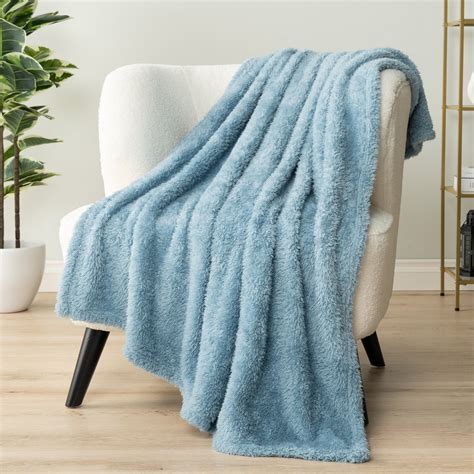 Pavilia Sherpa Throw Blanket For Couch Sofa Dusty Slate Blue Fluffy