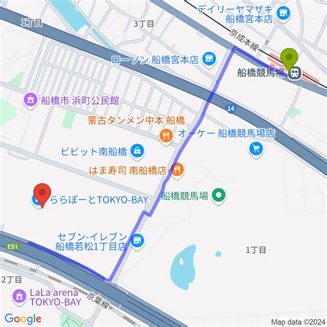 船橋競馬場駅から伊藤楽器 ららぽーとtokyo Bay店へのルートマップ Mdata